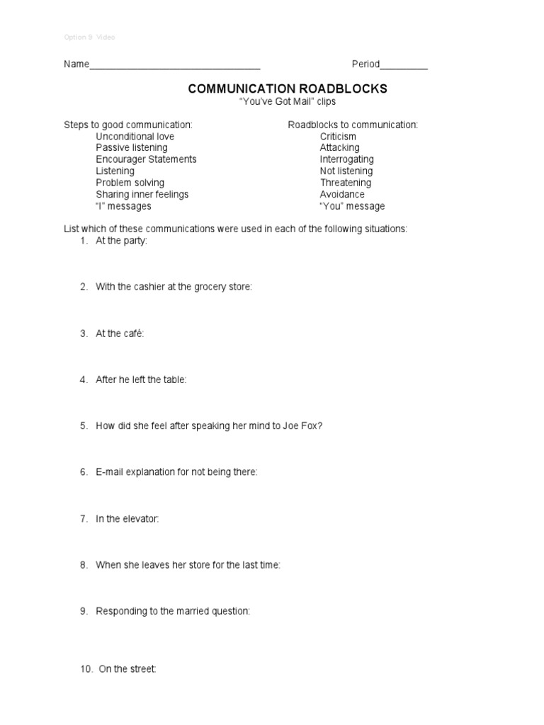 Communication Roadblocks: Option 9 Video | PDF | Social Science | Self ...