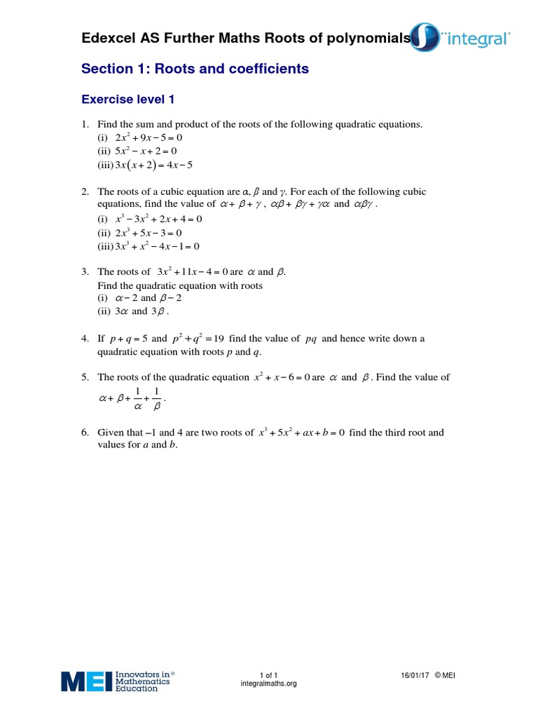 Section 1: Roots and Coefficients: Edexcel AS Further Maths Roots of ...