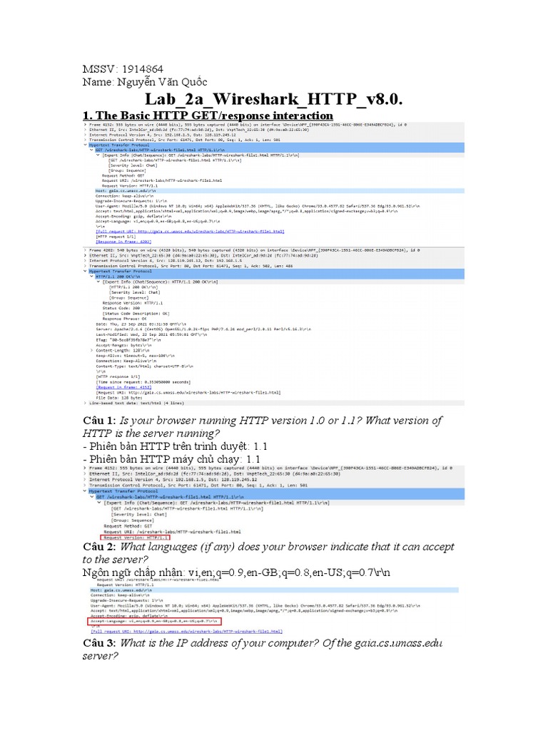 Lab - 2a - Wireshark - HTTP - v8.0.: 1. The Basic HTTP GET/response Interaction | PDF ...