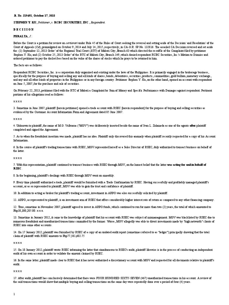.R. No. 219491, October 17, 2018 STEPHEN Y. KU, Petitioner, v. RCBC ...