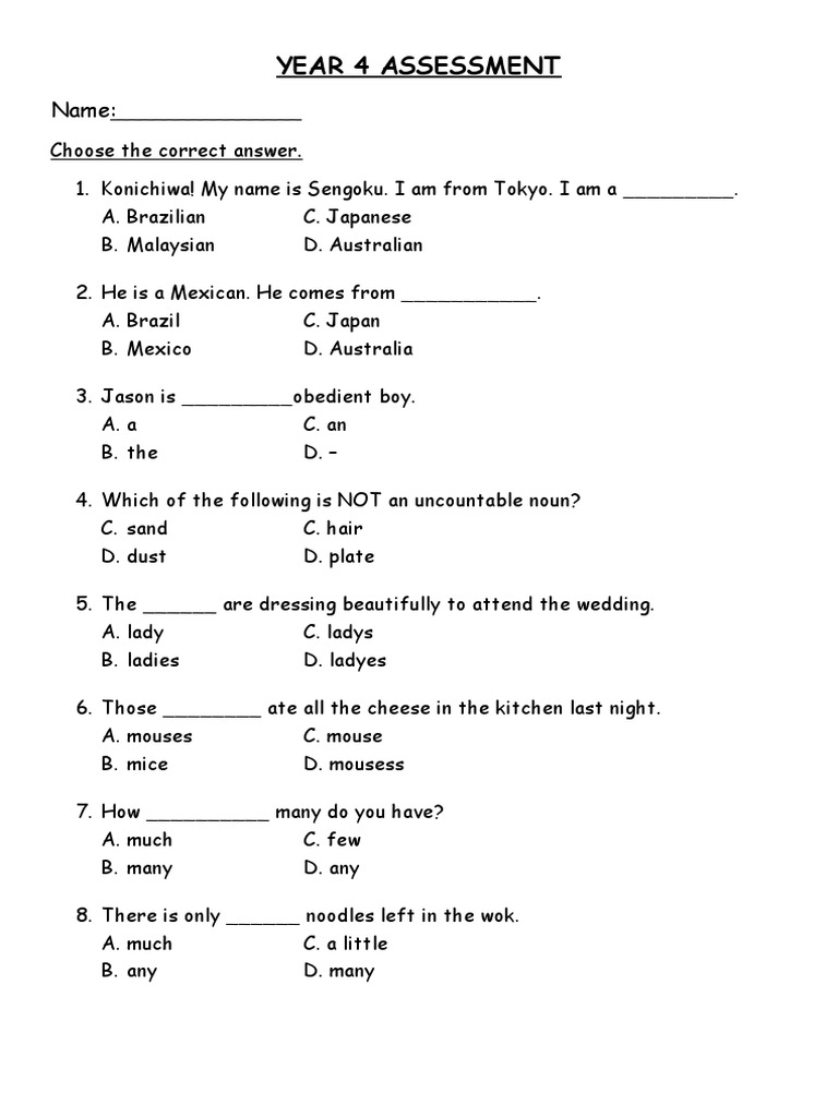 Year 4 Assessment | PDF