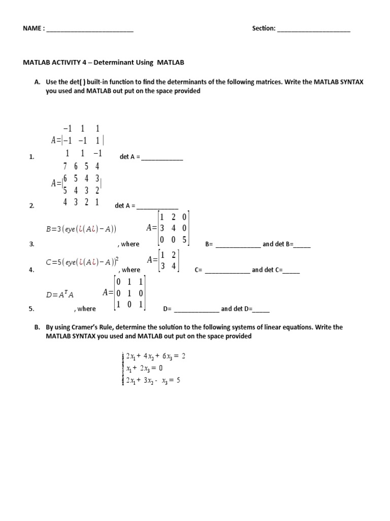 MATLAB ACTIVITY 4 - Determinant Using MATHLAB | PDF MATLAB ACTIVITY 4 - Determinant Using MATHLAB | PDF