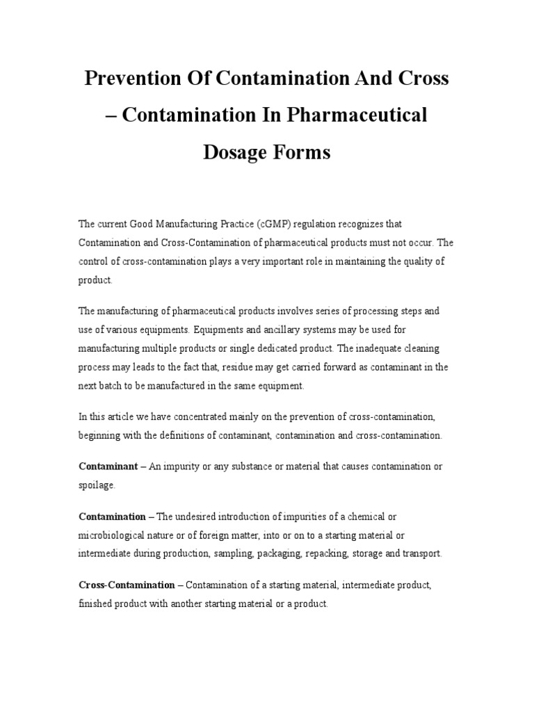 Prevention of Contamination and Cross - Contamination in Pharmaceutical ...