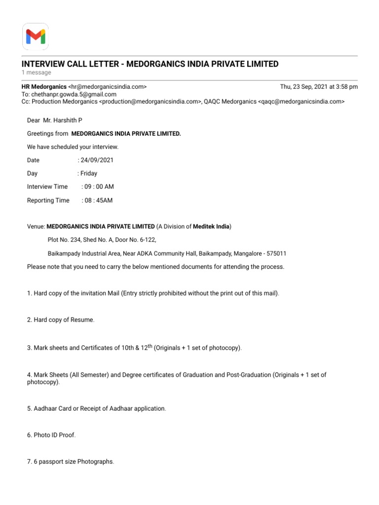 Gmail - Interview Call Letter - Medorganics India Private Limited | PDF
