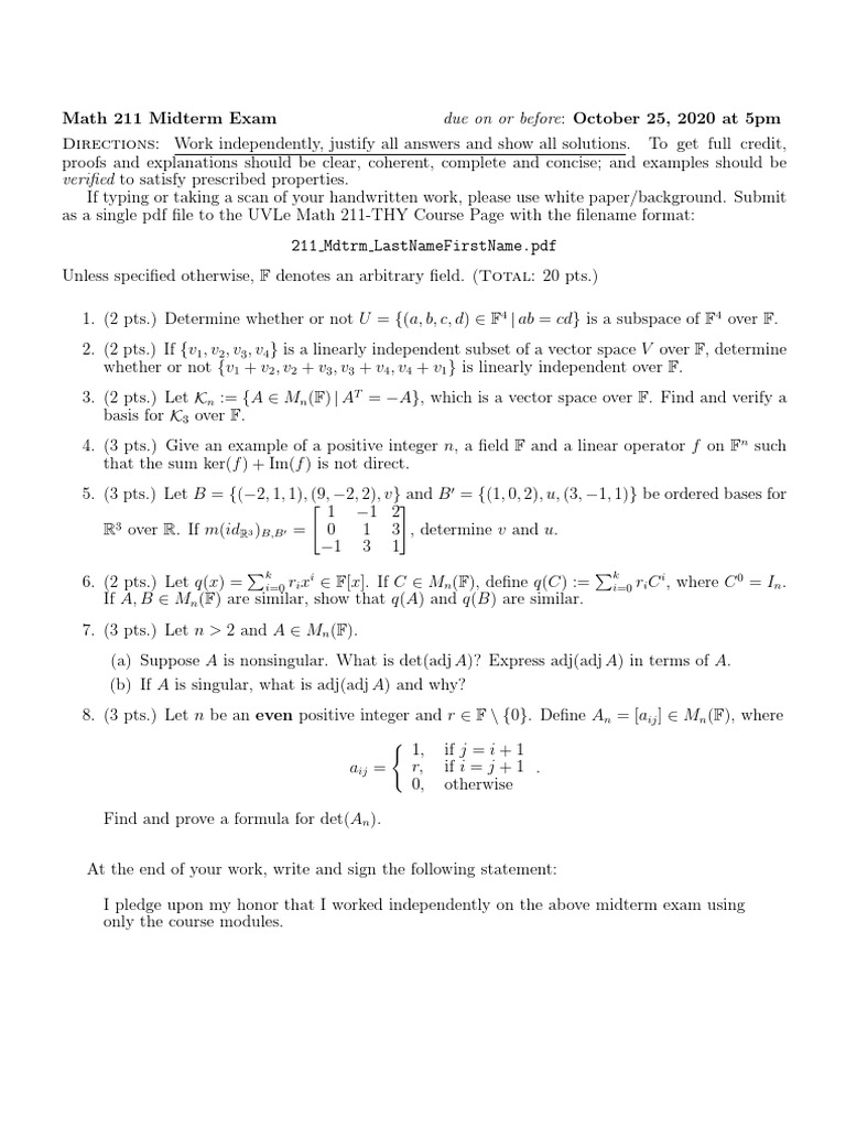 Math211 Lin Alg Midterm | Download Free PDF | Linear Subspace | Linear Algebra