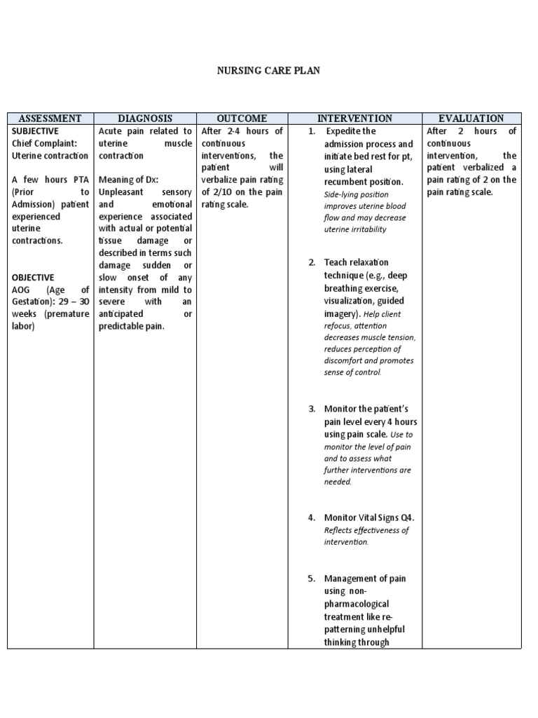 Nursing Care Plan for Preterm Labor | PDF | Pain | Childbirth