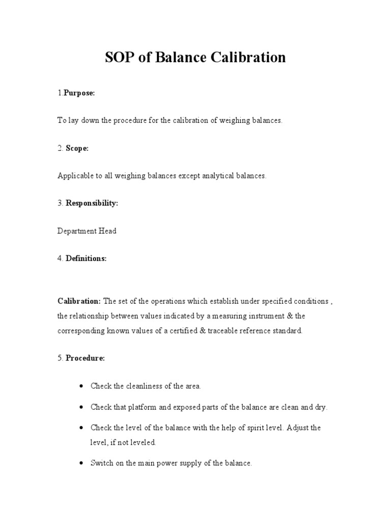 SOP of Balance Calibration | PDF | Calibration | Accuracy And Precision