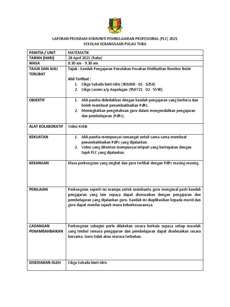 LAPORAN PROGRAM KOMUNITI PEMBELAJARAN PROFESIONAL (PLC) Panitia ...