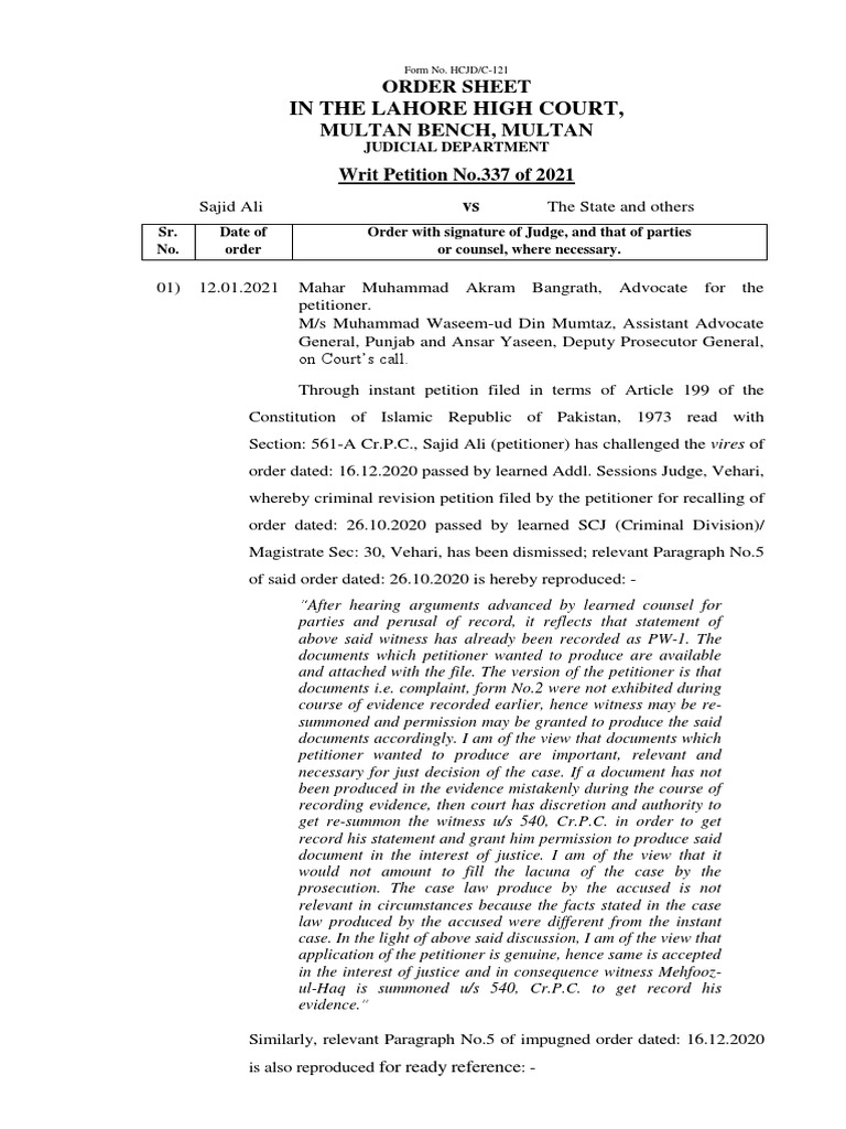 In The Lahore High Court,: Order Sheet Multan Bench, Multan | PDF ...