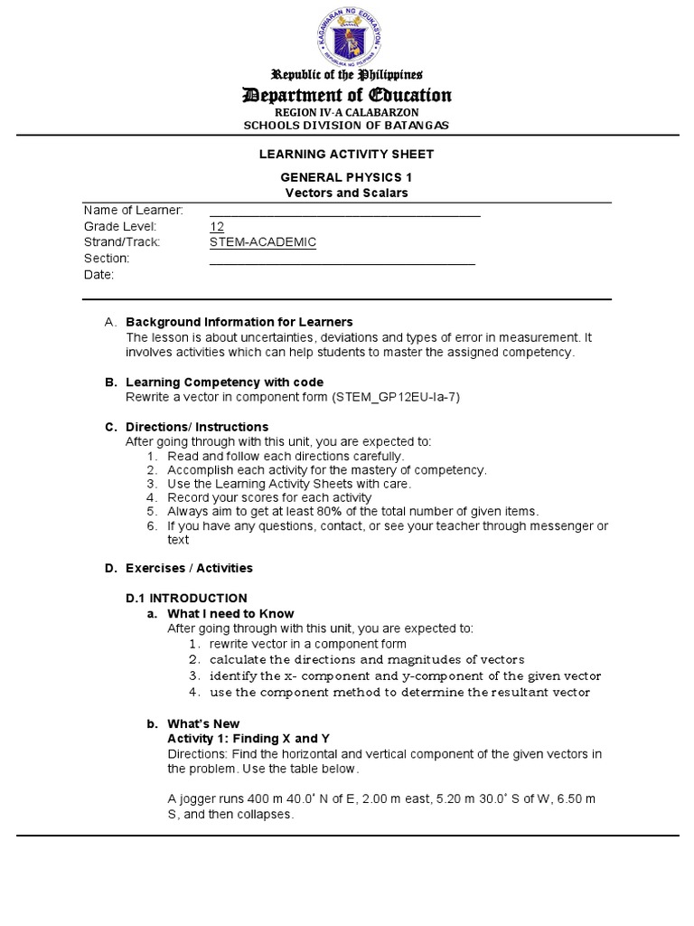Understanding Vectors Through Components: A Learning Activity Sheet on ...