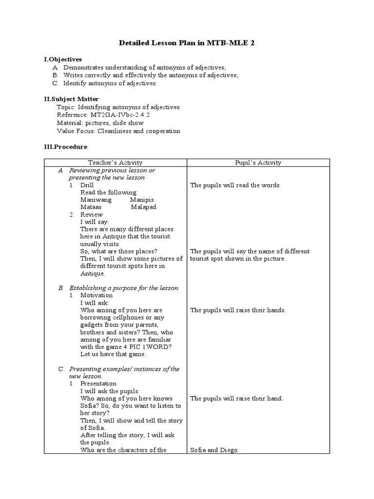 Detailed Lesson Plan in MTB-MLE 2: I.Objectives | PDF | Pedagogy | Lesson Plan