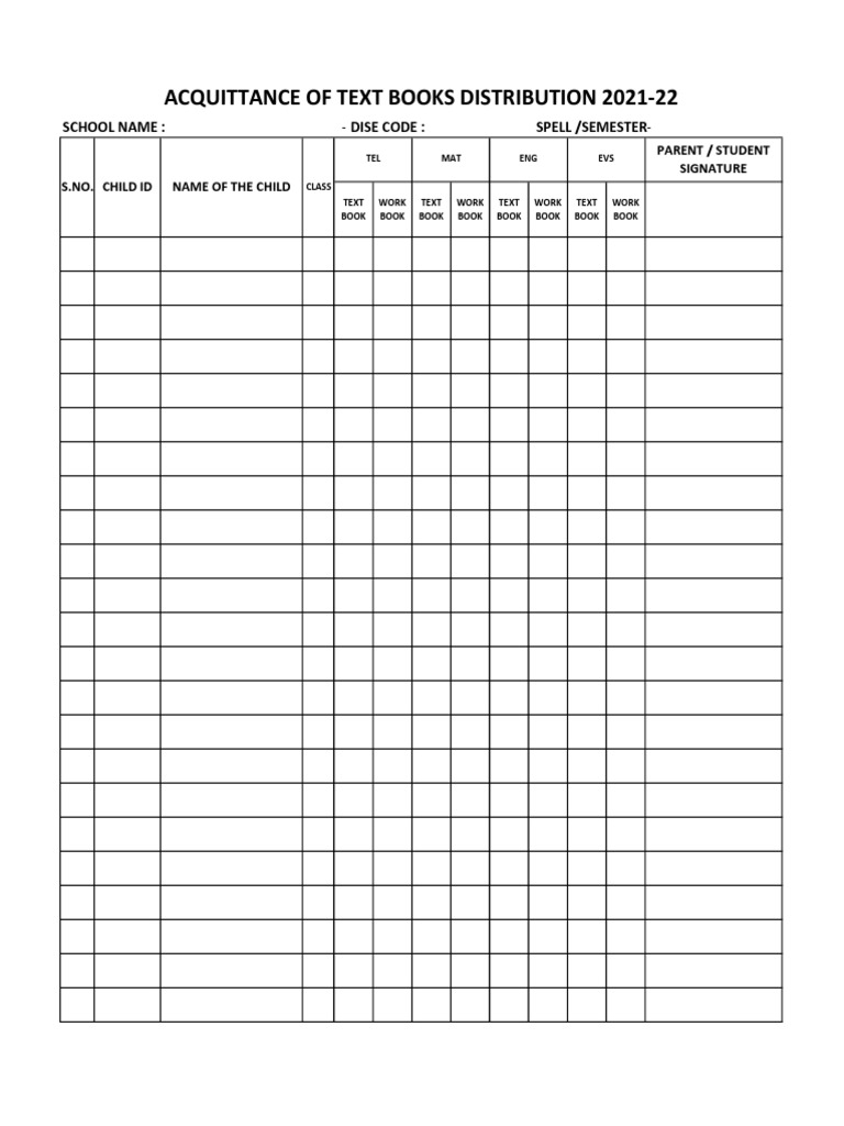 Primary Text Books Acquittance Register | PDF