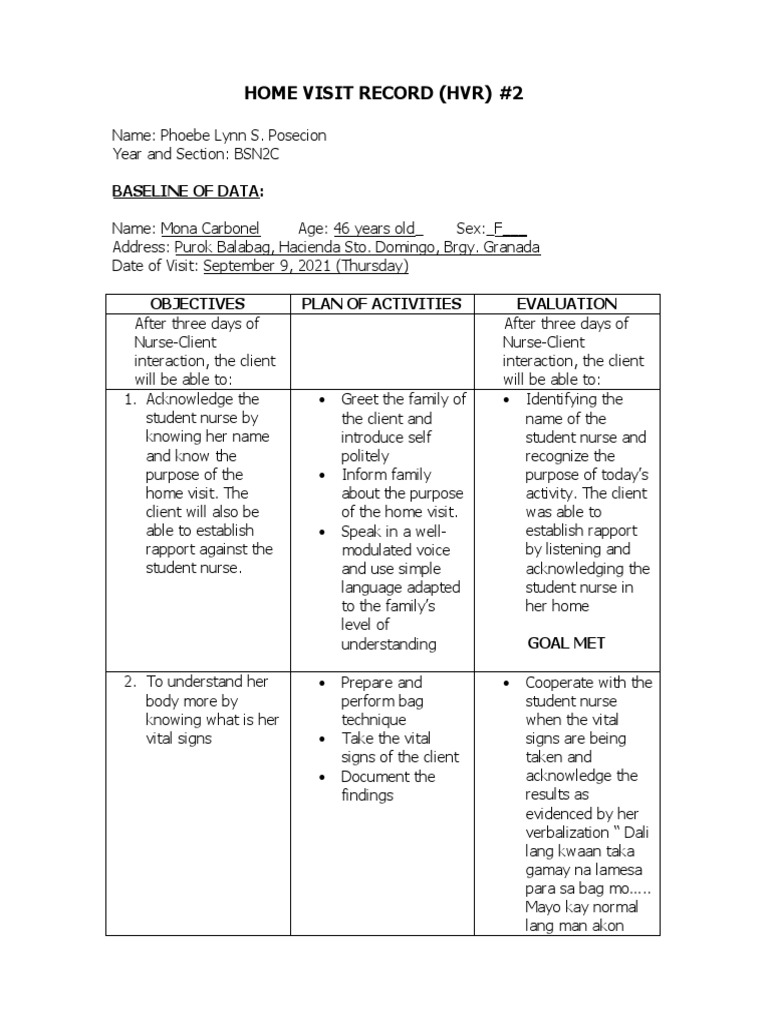 Home Visit Record (HVR) #2: Baseline of Data | PDF | Psychological Concepts