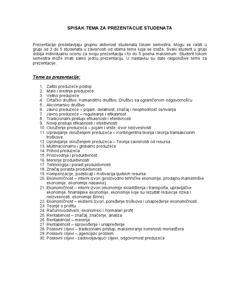 Spisak Tema Za Prezentacije Studenata1 | PDF