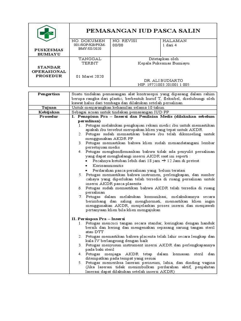 SOP Pemasangan IUD Pasca Salin | PDF