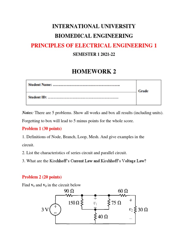 Homework 2: Principles of Electrical Engineering 1 | PDF