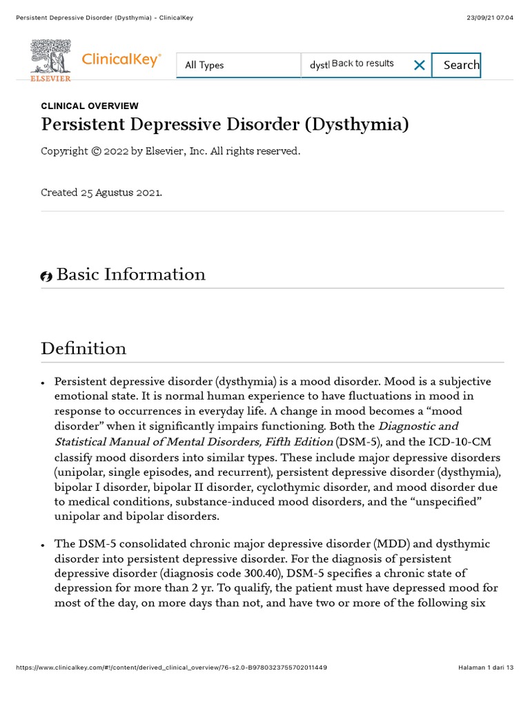 Persistent Depressive Disorder (Dysthymia) - ClinicalKey | PDF | Major ...