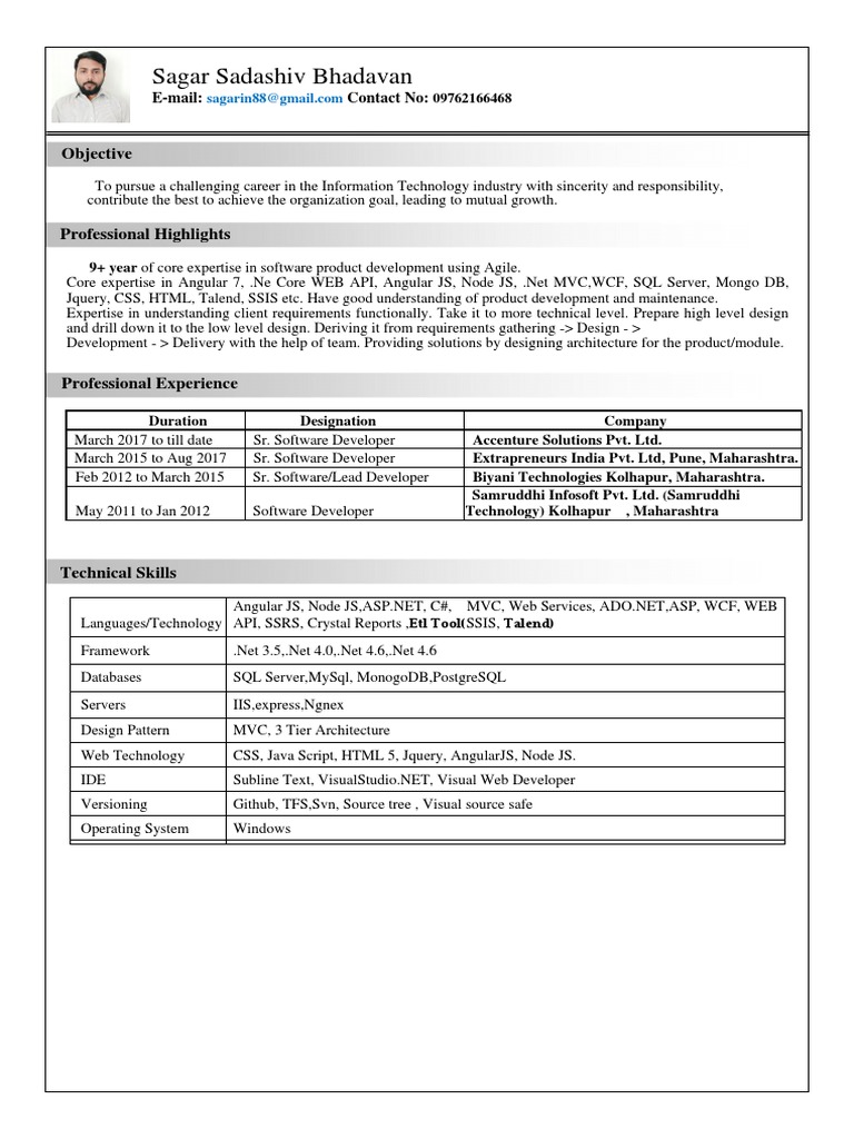 CV-Sagar Sadashiv Bhadavan 2021 | PDF | Microsoft Sql Server | Sql