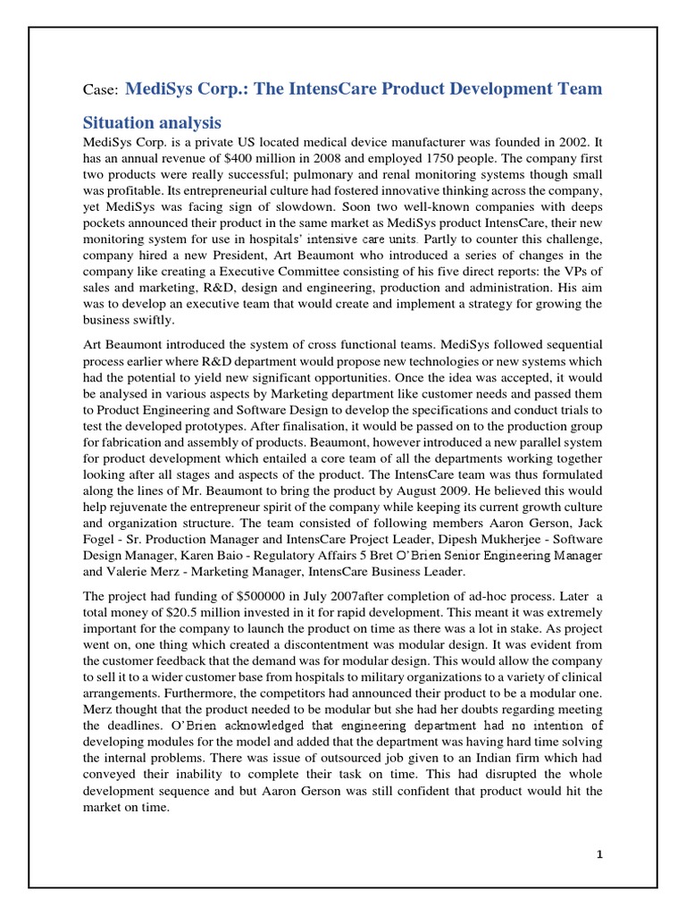 Medisys Corp.: The Intenscare Product Development Team Situation Analysis | PDF | Research And ...