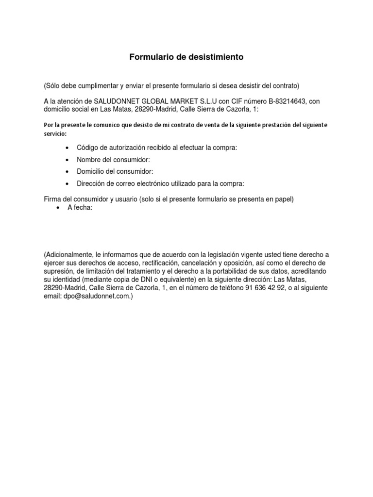 Modelo de Formulario de Desistimiento | PDF | Finanzas y dinero