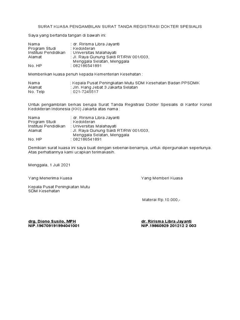 Surat Kuasa Pengambilan Surat Tanda Registrasi Dokter Spesialis | PDF