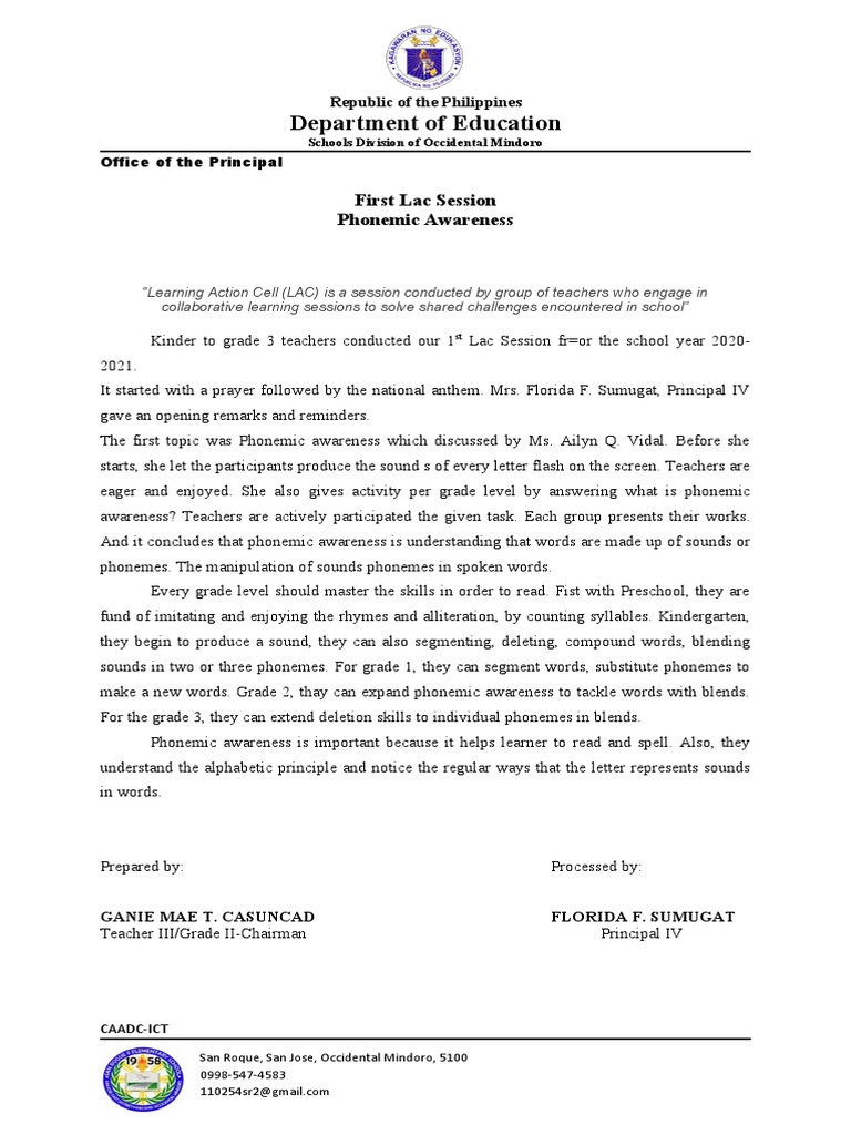 Grade 2 - Narrative Report 1st LAC SESSION (01!27!2021) | PDF | Phoneme | Behavior Modification