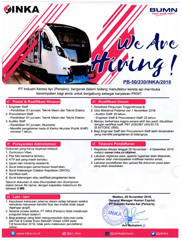 Rekrutmen PKWT PT INKA (Persero) Tahun 2018 | PDF