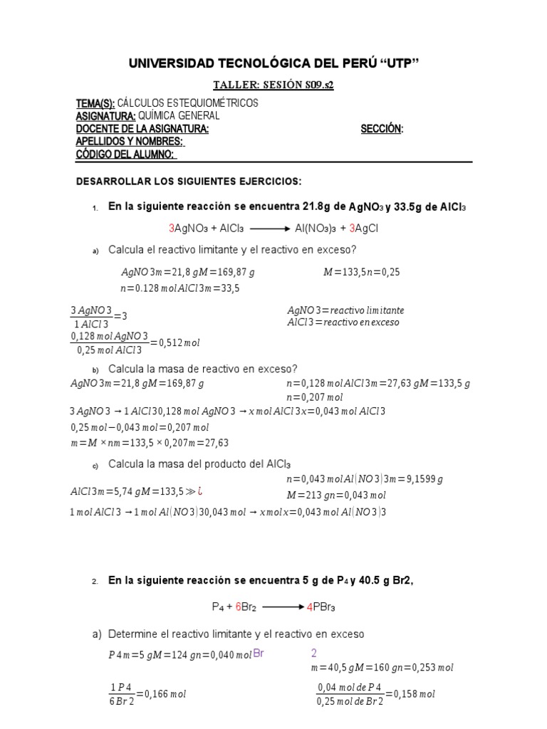 QUIMICA Taller Cálculos Estequiometricos | PDF | Mole (Unidad) | Números