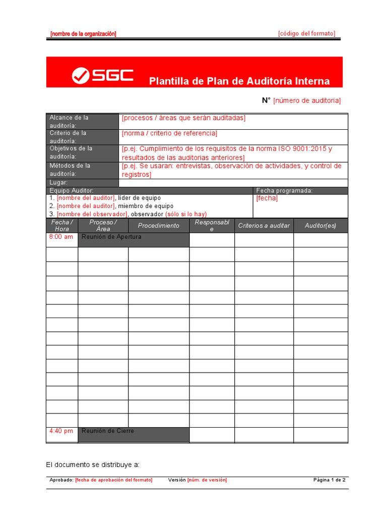 Plantilla Plan Auditoria Interna ISO 9001 | PDF