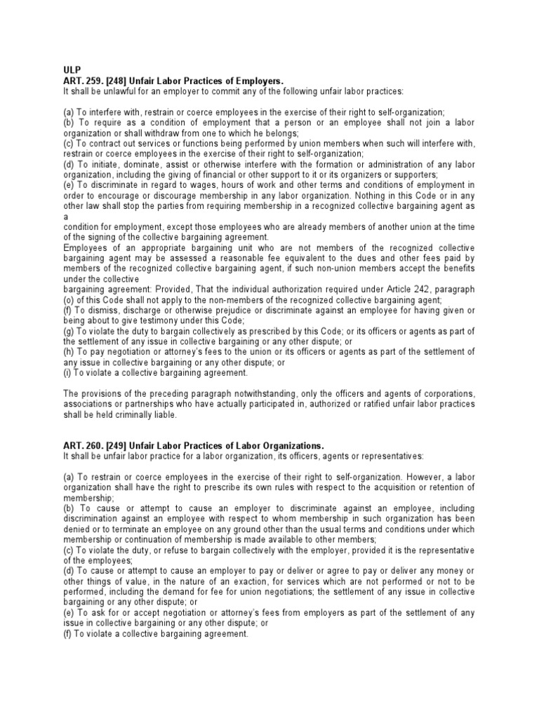 ULP ART. 259. (248) Unfair Labor Practices of Employers | PDF ...
