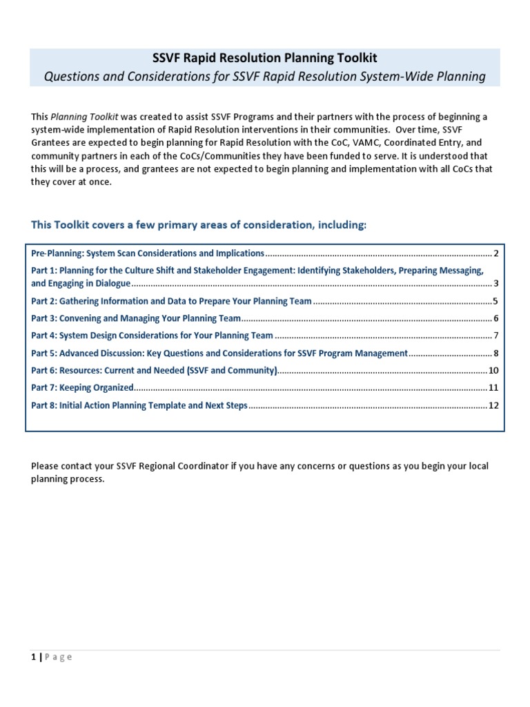 SSVF Rapid Resolution Planning Toolkit | PDF | Homelessness | Community