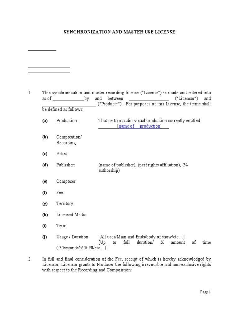 Master Use Synch License Template | PDF | License | Breach Of Contract
