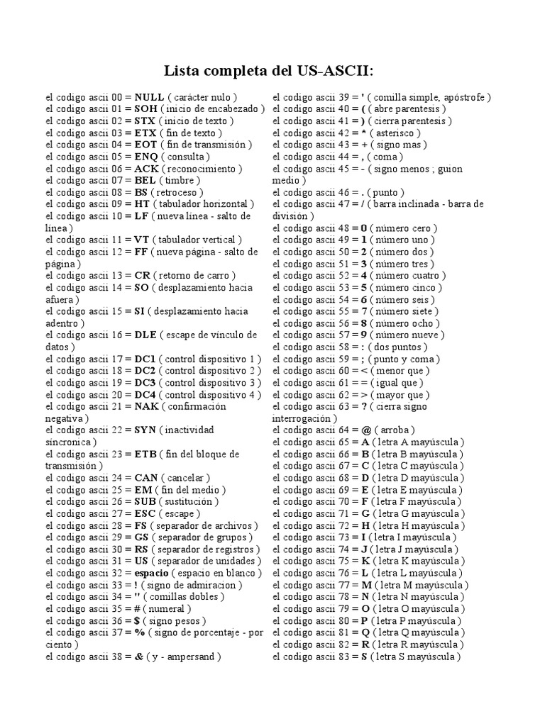 Lista completa del codigo ASCII