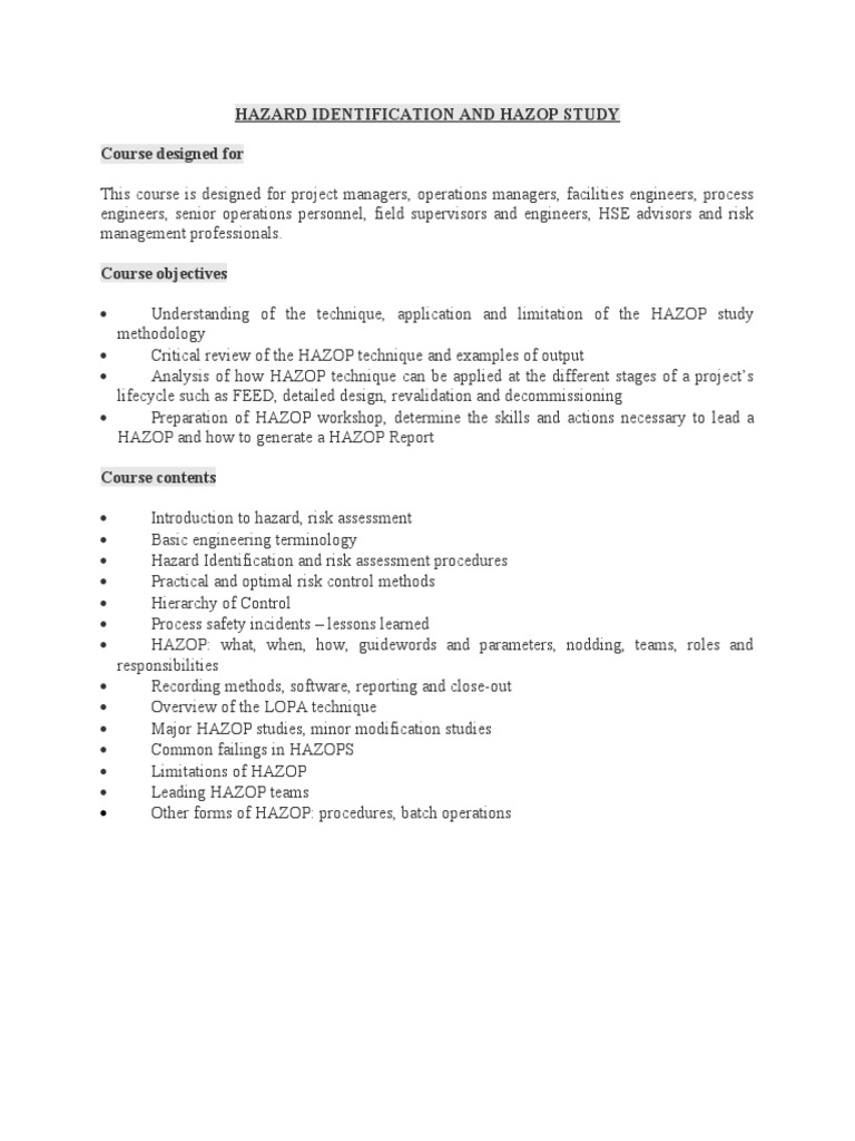 Hazard Identification and Hazop Study - Cpurse Flyer | PDF