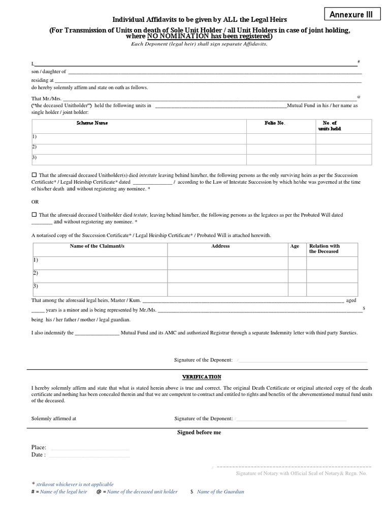 Legal Heir Affidavit for Mutual Funds | PDF | Notary Public | Intestacy