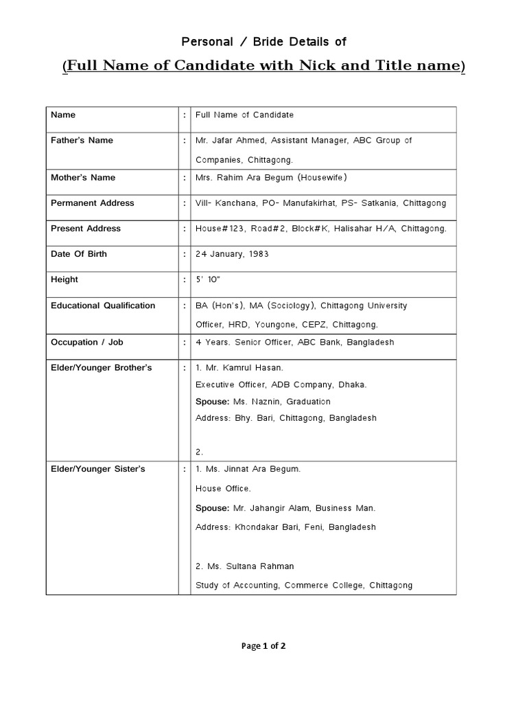 Marriage Biodata Doc Word Formate Resume | PDF | Bangladesh