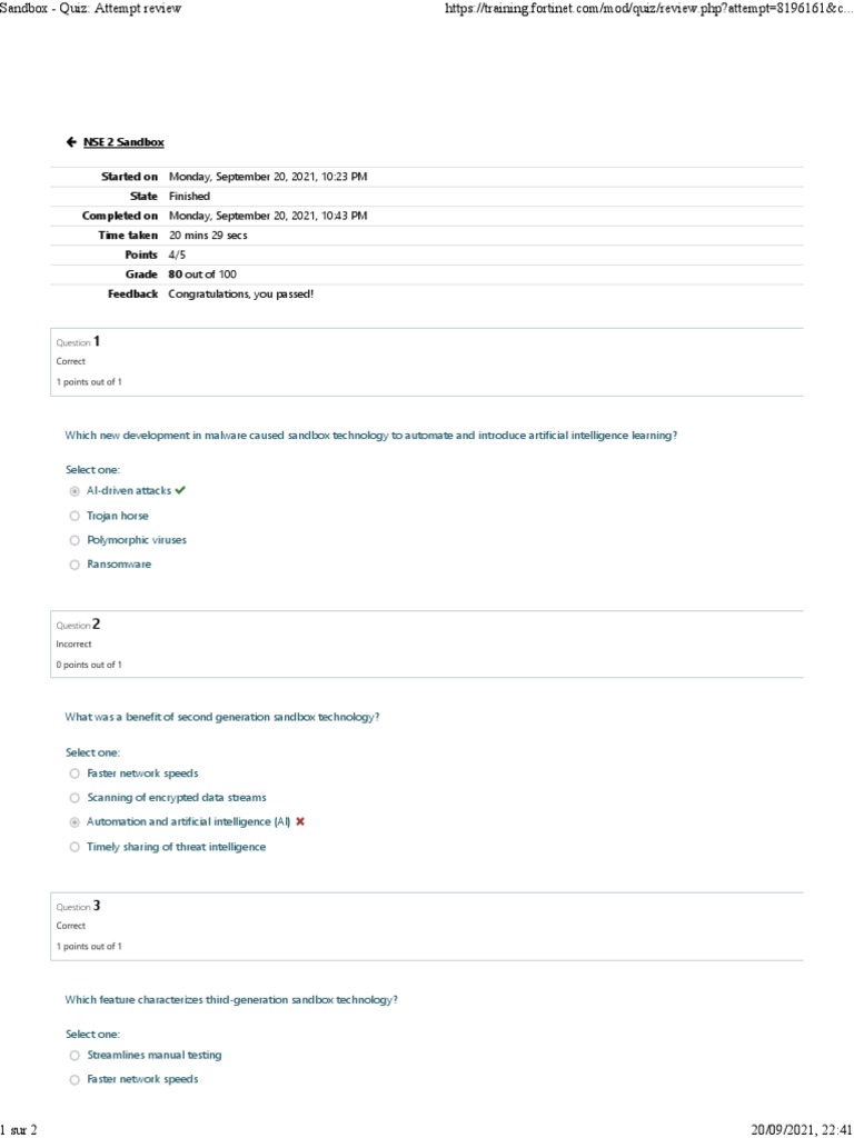 NSE2 Sandbox - Quiz Attempt Review | PDF | Malware | Ransomware