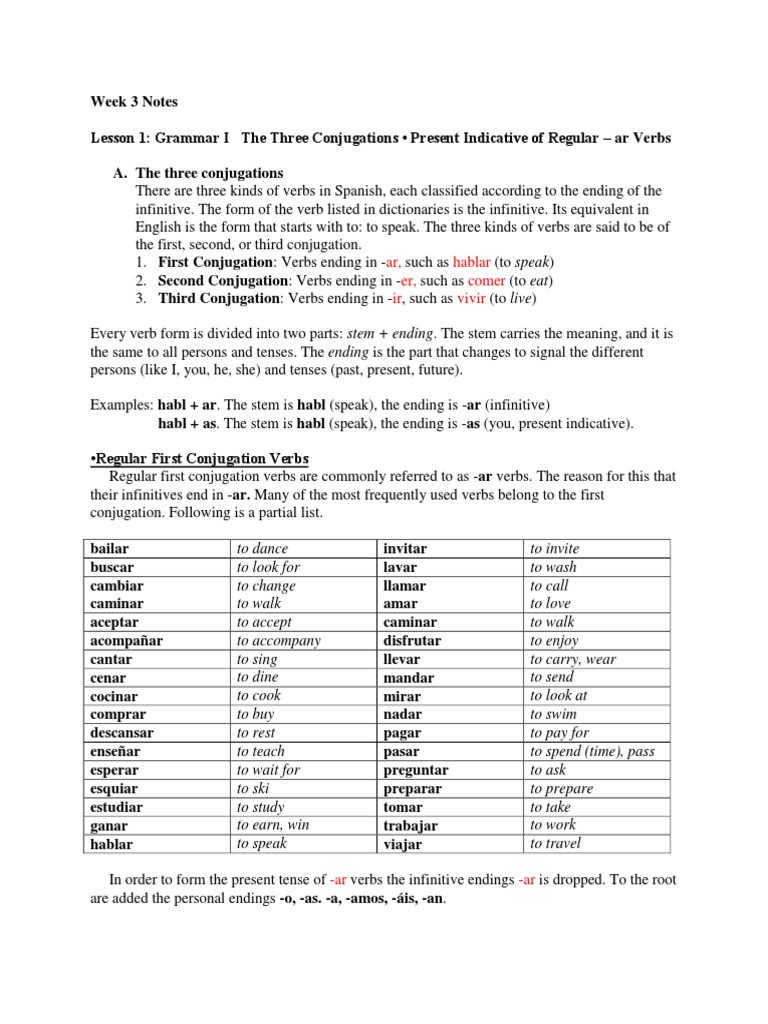 Week 3 Notes The Three Conjugations of The Present Indicative of ...