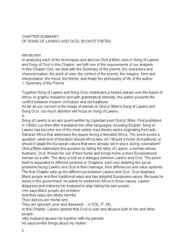 Summary of Song of Lawino PDF | PDF | Poetry