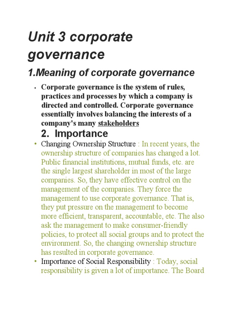 Business Ethics Unit 3 | PDF | Board Of Directors | Corporate Governance