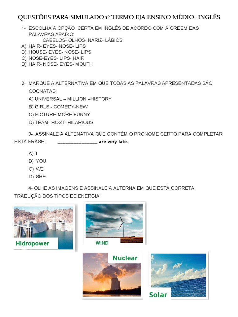 Questões para Simulado 1º Termo Eja Ensino Médio | PDF