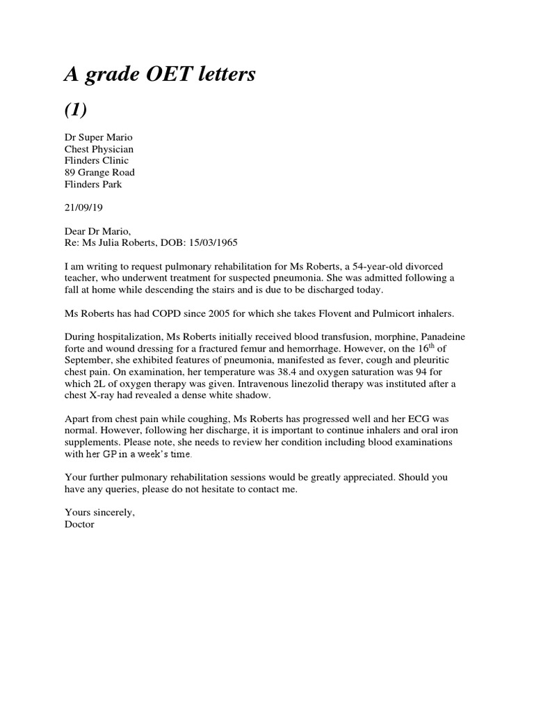 A Grade OET Letters | PDF | Medical Record | Punctuation
