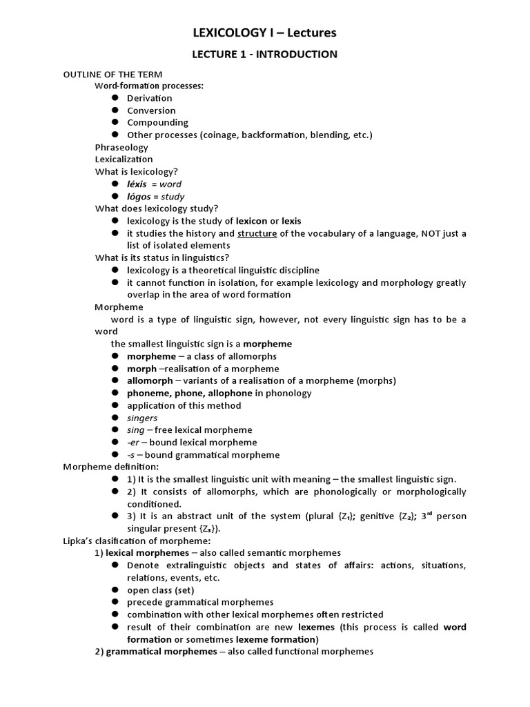 LEXICOLOGY I - Lectures: Lecture 1 - Introduction | PDF | Word ...
