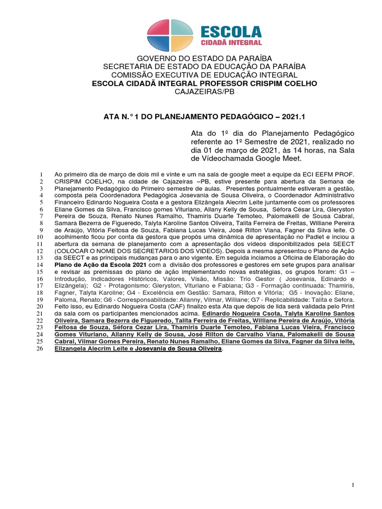 Ata do Planejamento Pedagógico 2021.1 | PDF