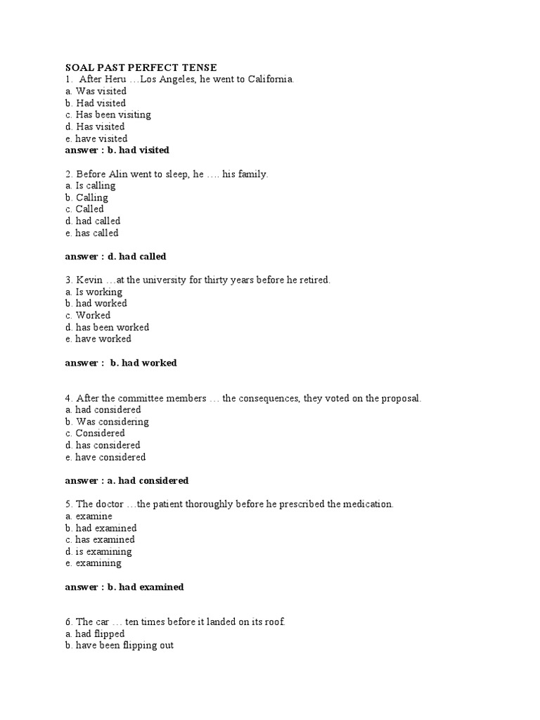 Past Perfect Tense Quiz with 20 Questions and Answers | PDF