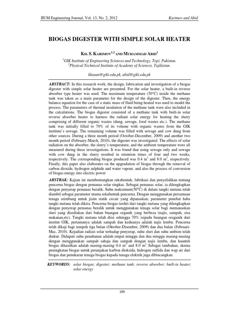 Biogas Digester With Simple Solar Heater: K - S. K M A | PDF | Biogas ...