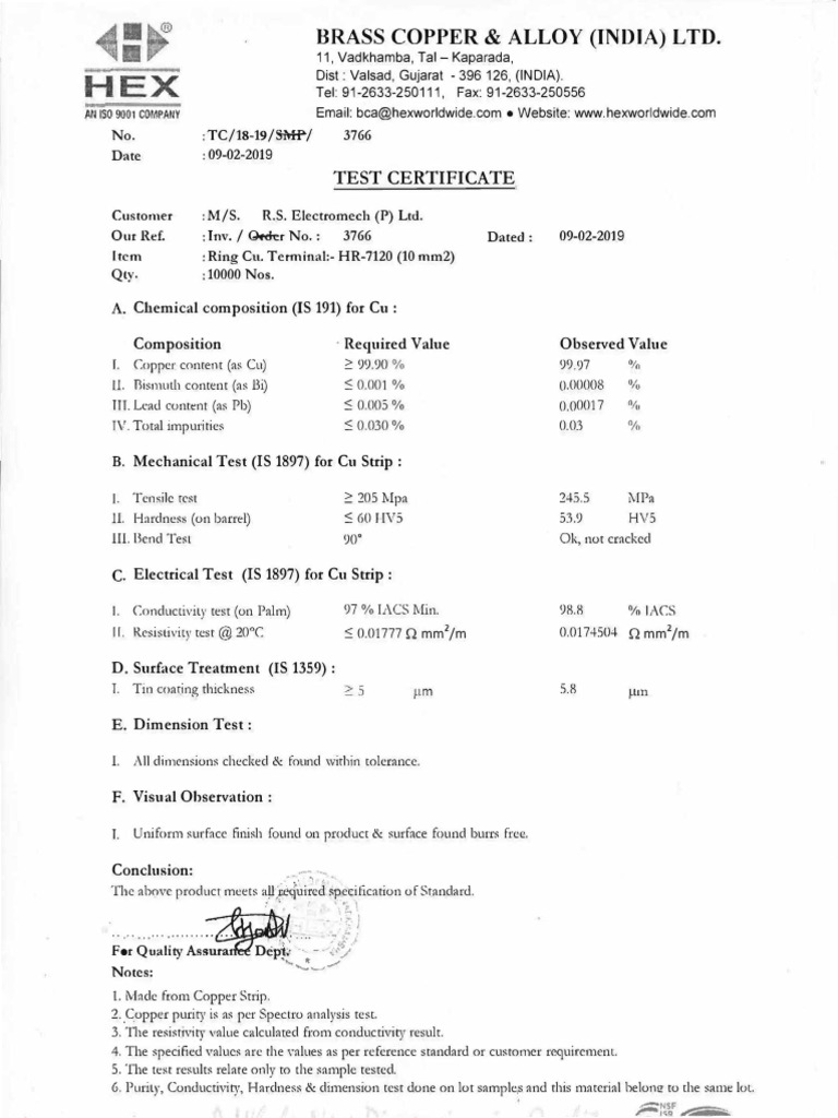 Test Certificate: A. Chemical Composition (IS 191) For Cu | PDF ...