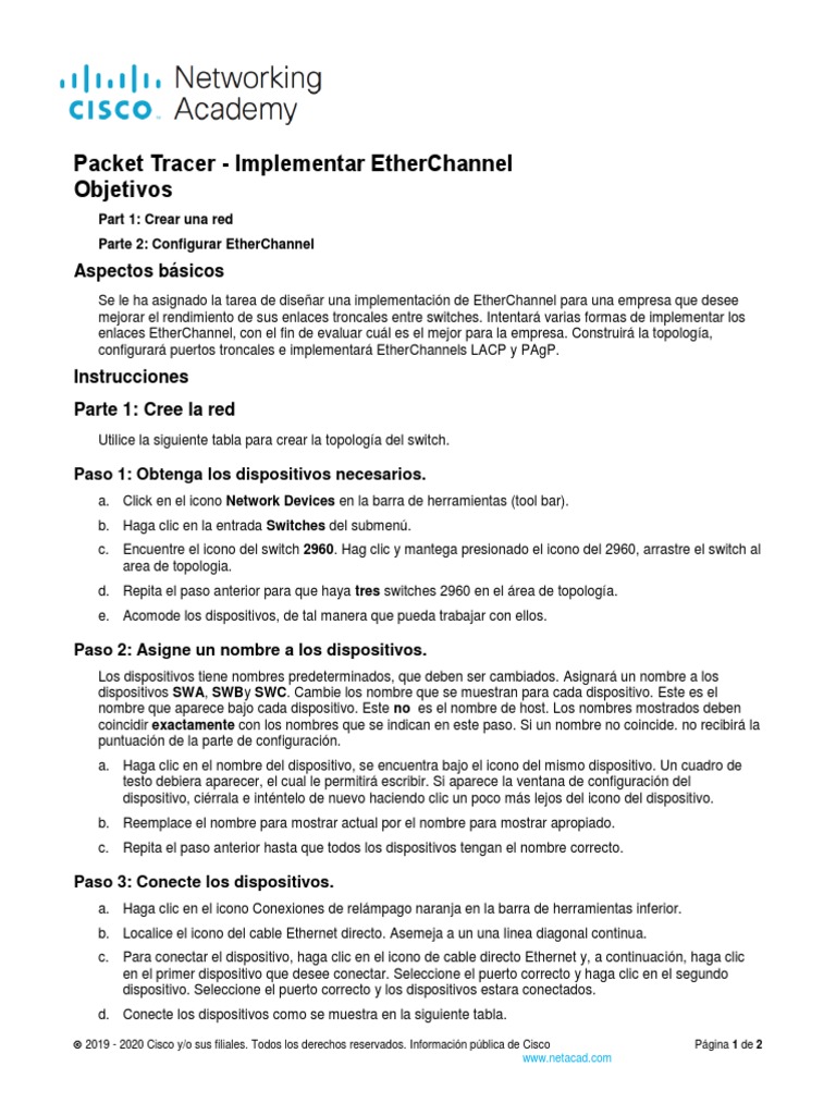 6.4.1 Packet Tracer Implement Etherchannel Es XL | PDF | Conmutador de red | Transmisión de datos