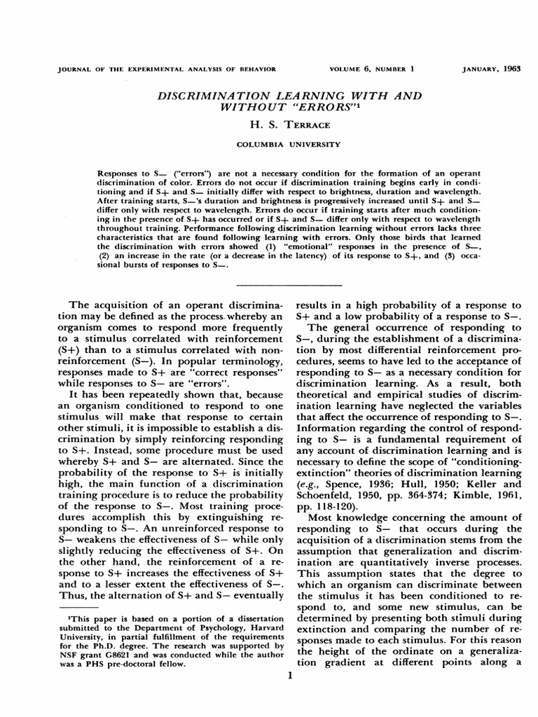 Terrace 1963 - Errorless Discrimination | PDF | Reinforcement | Experiment