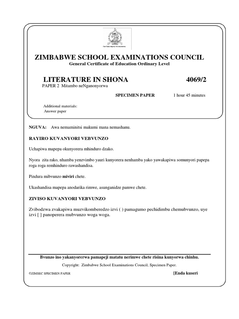 4069q2 Literature in Shona Specimen | PDF | Qualifications ...
